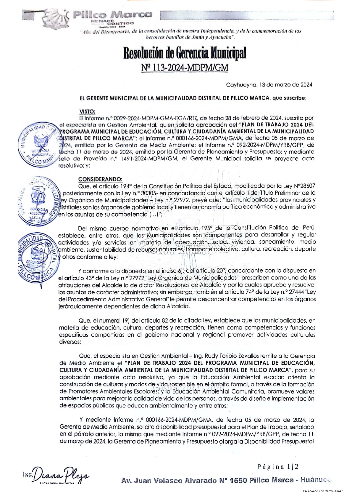 Plan de Trabajo 2024 del Programa Municipal EDUCCA - Municipalidad Distrital de Pillco Marca | SINIA